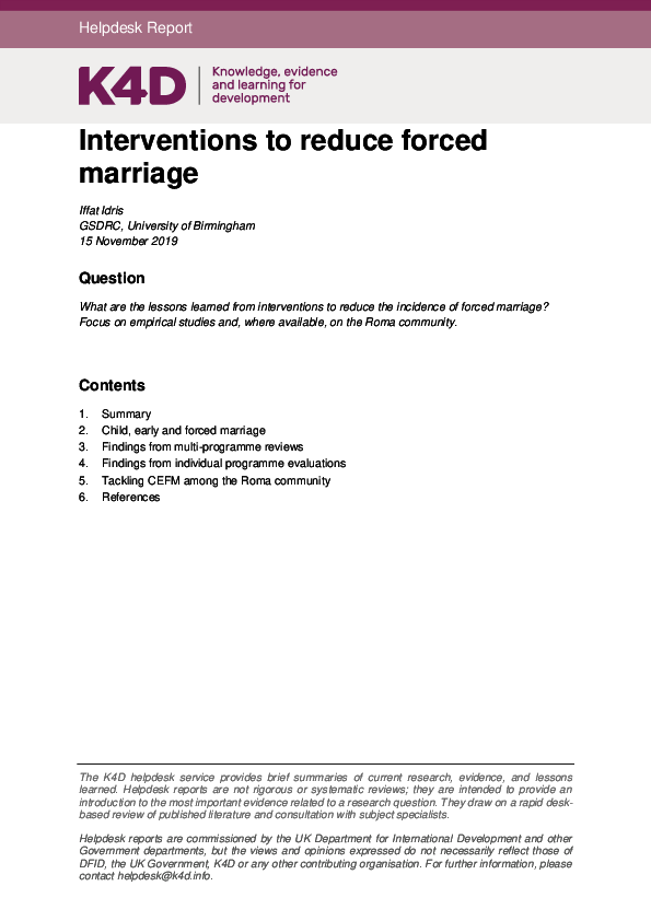 Interventions to Reduce Forced Marriage | Save the Children’s Resource ...