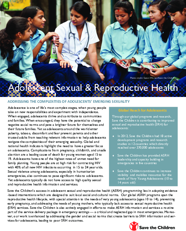Adolescent Sexual & Reproductive Health 2013 Factsheet | Save the ...