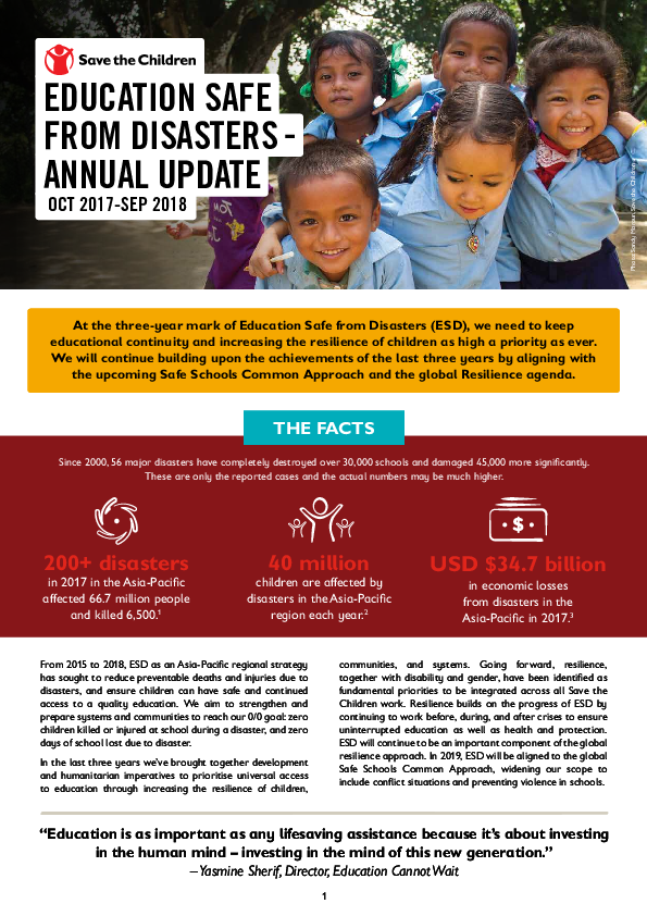 Education Safe from Disaster – Annual Update Oct 2017-Sep 2018 | Save ...