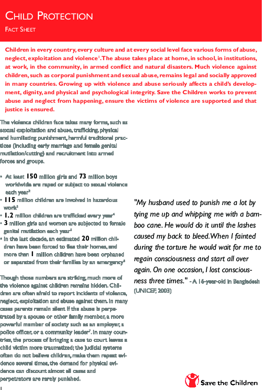 Fact Sheet – Child Protection | Save the Children’s Resource Centre