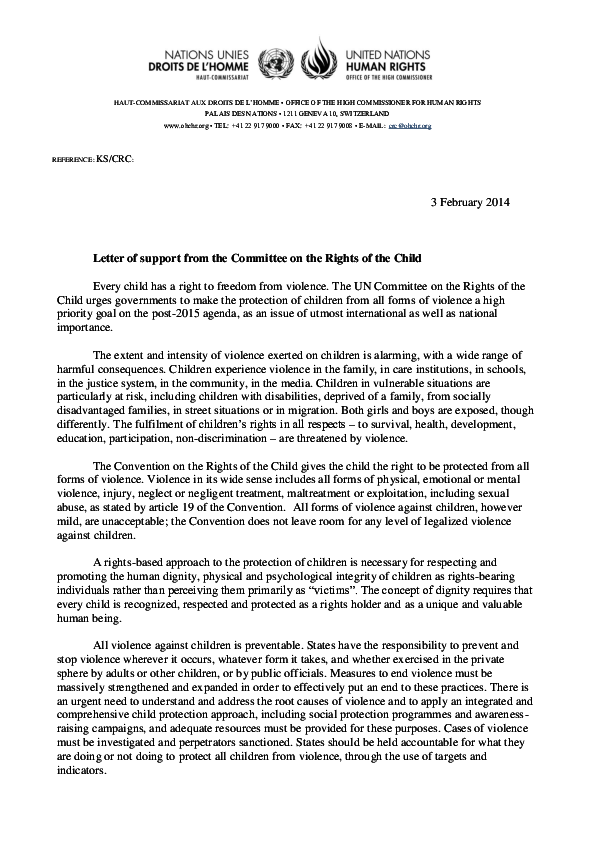 Letter of support from the UN Committee on the Rights of the Child: ‘A ...