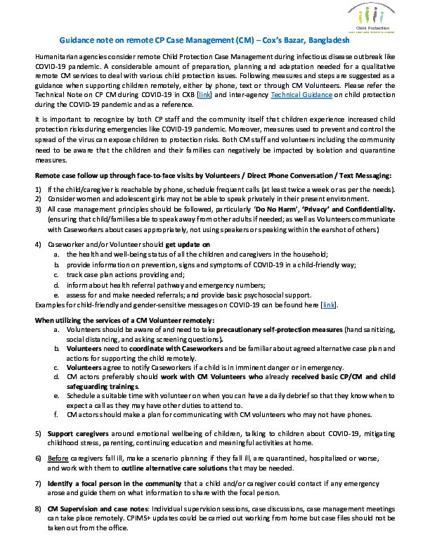 Guidance Note on Remote Child Protection Case Management (CM): Cox’s ...
