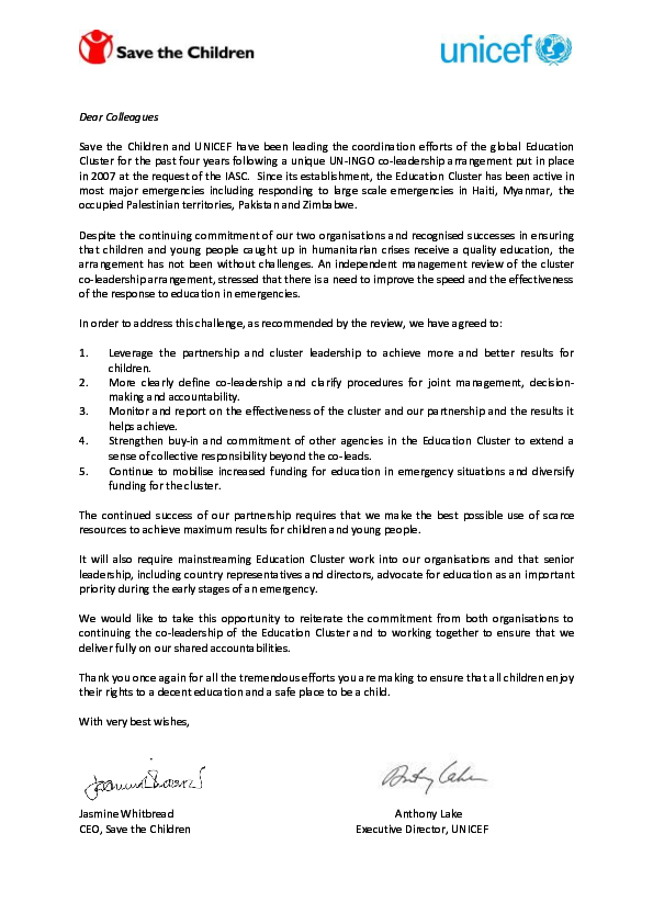 UNICEF and Save the Children Education Cluser Co-lead Letter | Save the ...