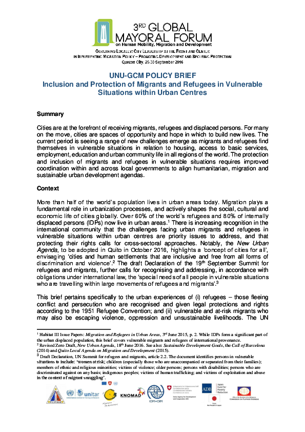 UNU-GCM Policy Brief: Inclusion and protection of migrants and refugees ...
